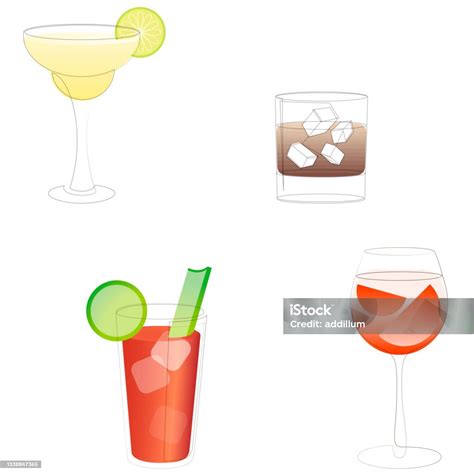 라인 칵테일 마가리타 얼음 피 묻은 메리와 흰색 배경에 아페롤 스프리츠 드로잉 흰색 러시아어 또는 위스키 세트 벡터 그림입니다 톰 콜린스에 대한 스톡 벡터 아트 및 기타