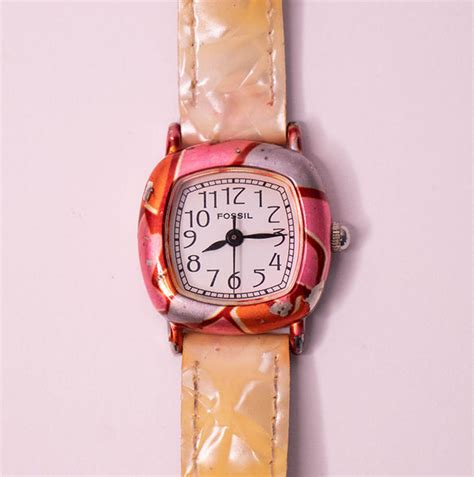 Retro Fossil Watch For Women With Colorful Case And Marble Effect Strap