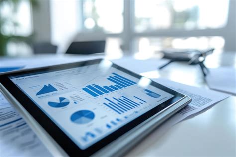Tablet Displaying Blue Financial Graphs And Charts Premium Ai Generated Image