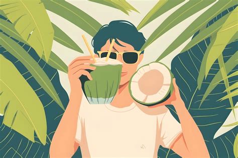 Premium Photo A Happy Man Quenches His Thirst With Coconut Water
