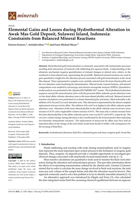 Pdf Elemental Gains And Losses During Hydrothermal Alteration In Awak