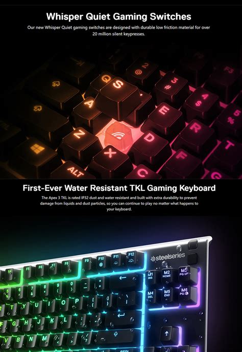 SteelSeries Apex 3 TKL RGB Water Resistant Whisper Quiet Gaming Switches Membrane Gaming