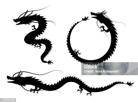 멋진 드래곤 실루엣의 3 종류 용의 해를 위한 연하장 일러스트 자료 용에 대한 스톡 벡터 아트 및 기타 이미지 용 용띠
