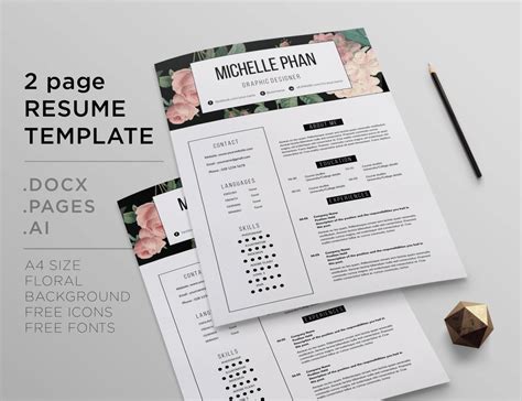 Beautiful Floral Resume Template Cover Letter 2 Page Cv