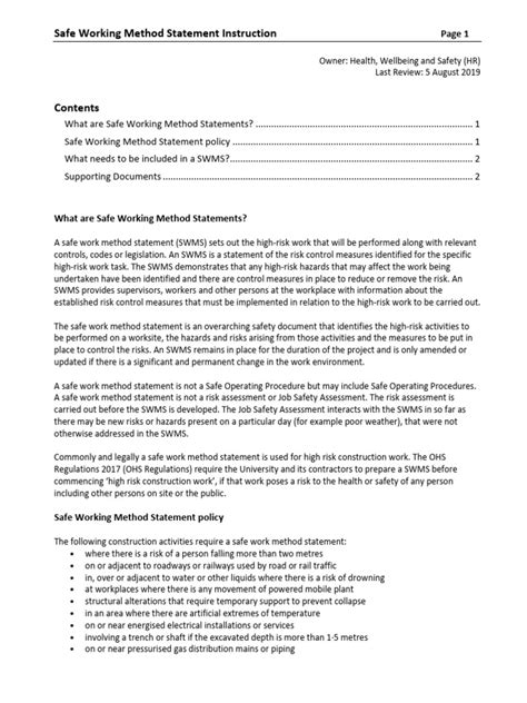 Safe Work Method Statement Procedure Pdf Risk Assessment