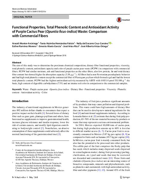 Pdf Functional Properties Total Phenolic Content And Antioxidant Activity Of Purple Cactus