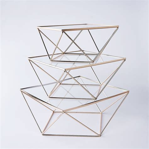 Gold Metal Geometric Stackable Pedestal Risers Display Stands With Square Glass Top Ehomemart