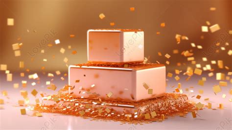 다채로운 색종이가 있는 생생한 황금색 3d 밝은 주황색 제품 디스플레이 연단 기념일 축하에 적합 연단 배경 황금 종이 배경 금색 배경 이미지 Hd 연단 황금 종이