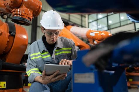 Premium Photo A Female Engineer Installs A Program On A Robotics Arm