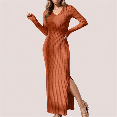 Kakina Cmsx Womens Ribbed Knit Sweater Dresseslong Sleeve V Neck