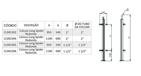 Coluna Long Spider Redonda Funisa Corrimão e Acessórios em Aço Inox