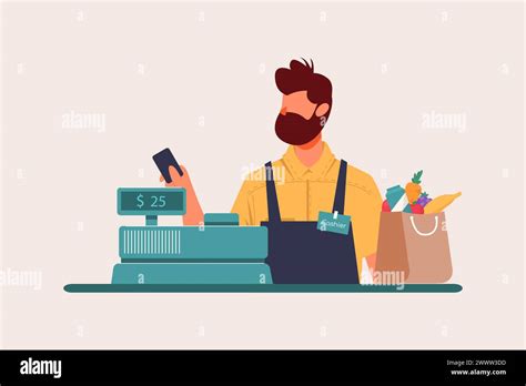 Cashier Behind Cashier Counter Flat Design Concept Cashierman In The
