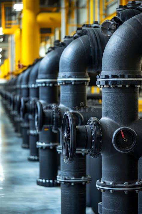 Industrial Pipeline System Factory Interior With Black Pipes Valves