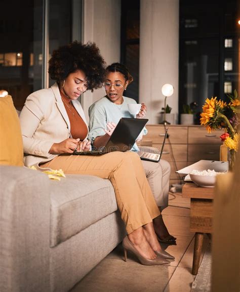 Laptop Office Women And Night Work Online With Planning Internet And