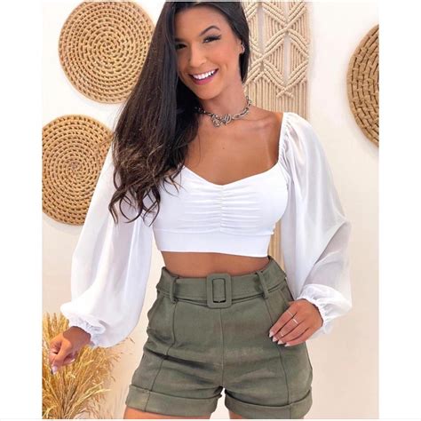 Cropped Manga Comprida Bufante Em Tule Suplex Bojo Juliette Balone Franzido Roupas