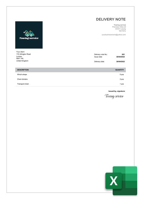 Delivery Note Excel Template Free Editable Billdu
