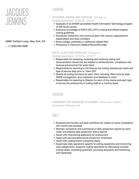 Coding Supervisor Resume Samples Velvet Jobs