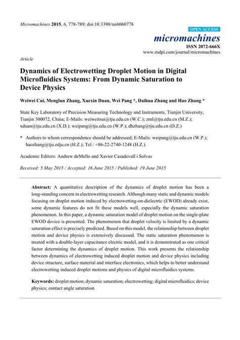 Pdf Micromachines Dynamics Of Electrowetting Droplet Motion In Digital Microfluidics Systems