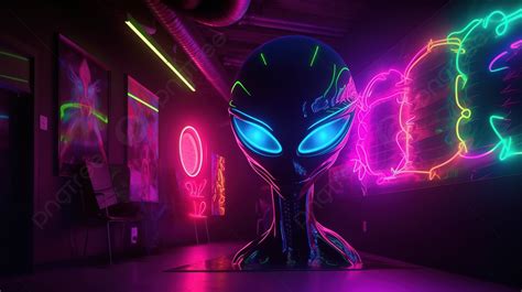 Alien Statue In Neon Light With Walls And Artwork Background 3d