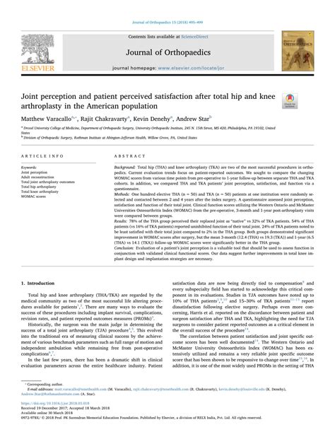 Pdf Joint Perception And Patient Perceived Satisfaction After Total Hip And Knee Arthroplasty
