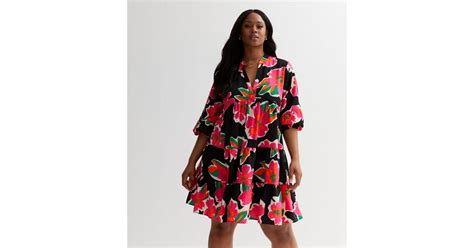 Curves Black Floral Puff Sleeve Smock Mini Dress New Look