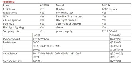 Aneng M118a Digital Mini Multimeter Tester Auto Mmultimetro True Rms