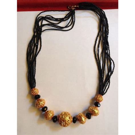 Black Colour Thread Necklace With Golden Color Beads For Party And