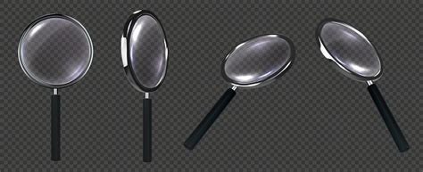 사실적인 3d 돋보기 검은색 손잡이가 있는 돋보기 금속 프레임 투명 유리 렌즈를 검색하세요 Research And Magnification Tool Isolated