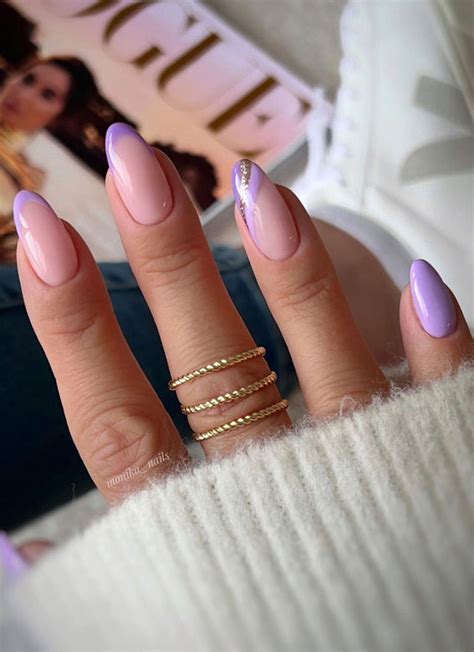 50 Pretty Spring Colour Nail Ideas And Designs Soft Lilac French Glitter Gold