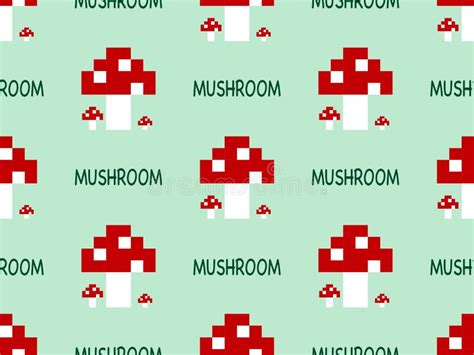 Mushroom Seamless Pattern On Green Background Pixel Style Stock Vector