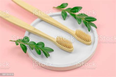 둥근 석고 연단에 두 개의 나무 칫솔과 녹색 잎 개인 위생을 위한 친환경 물품 제로 폐기물 플라스틱 없음 0명에 대한 스톡 사진