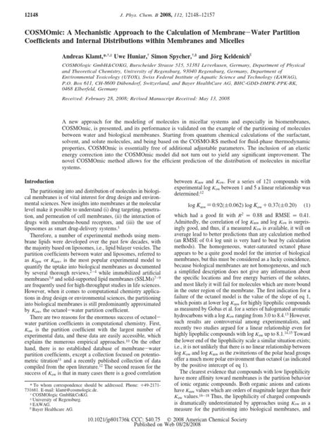 Calculation Of Membrane Water Partition Coefficient Pdf Lipid