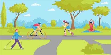 야외 활동을하는 평평한 사람들 무료 벡터