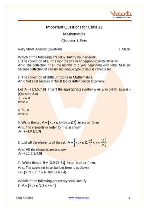 Important Questions With Solutions For Cbse Class 11 Maths Chapter 1