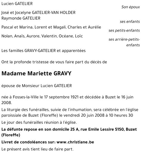 Avis De Décès De Mariette Gravy Décédé Le 16062008 à Buzet Annonce