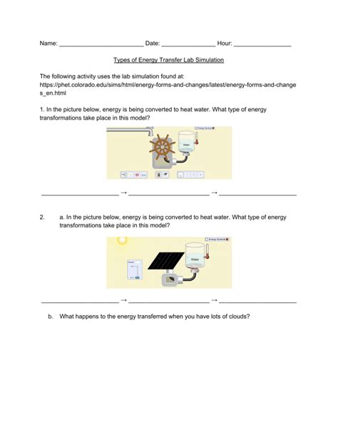 Energy Transfer Lab Simulation Worksheet