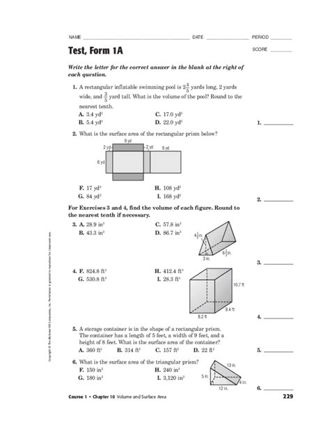 Fillable Online Course 1 Chapter 10 Volume And Surface Area Answer Key