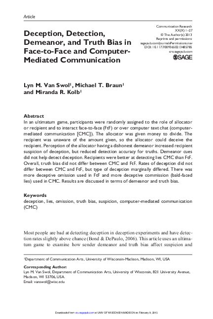 Pdf Deception Detection Demeanor And Truth Bias In Face To Face And Computer Mediated