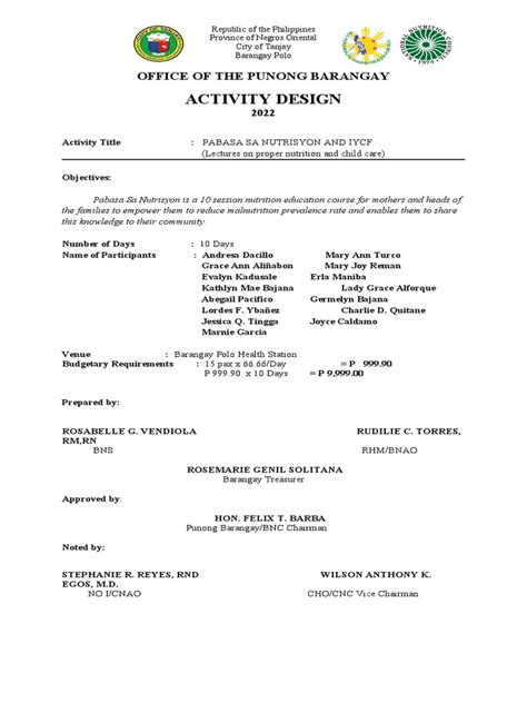 Brgy Polo Activity Design For Pabasa Sa Nutrisyon Pdf