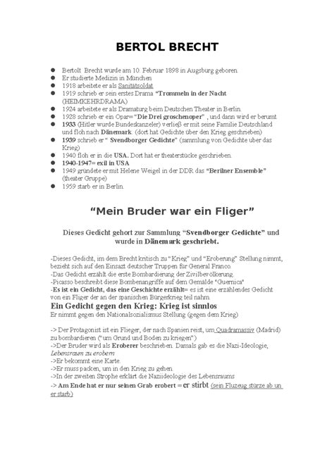 Bertol Brecht Class Note Bertol Brecht Bertolt Brecht Wurde Am 10