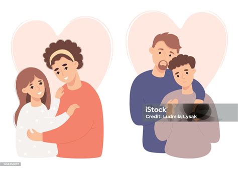 행복한 성소수자 가족 두 명의 매혹된 레즈비언 소녀와 사랑하는 게이 남성 커플 평면 만화 스타일의 벡터 그림입니다 심장의 배경에