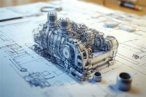 Technical Sketch Of An Automobile Engine Layout On Drafting Paper With Detailed Components Stock