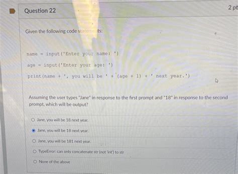 Solved Given The Following Code Statement Name