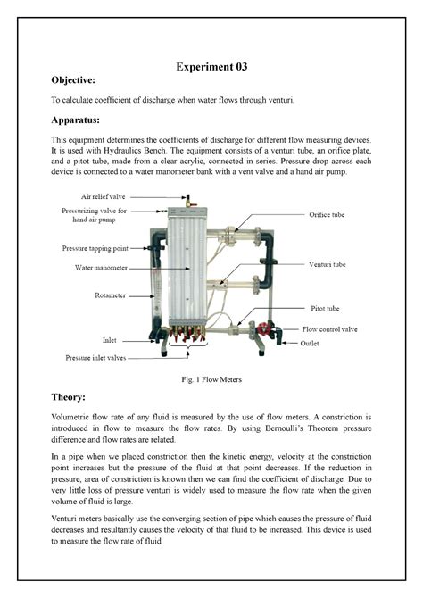 Lab Session 03 To Calculate Coefficient Of Discharge When Water Flows Through Venturi