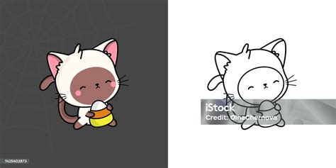 귀여운 클립 아트 할로윈 샴 고양이 일러스트 레이 션과 색칠 공부 페이지 만화 할로윈 새끼 고양이 과자를 가진 카와이 할로윈