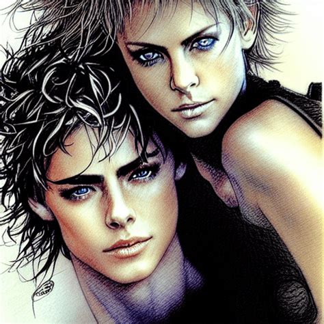 Charlize Theron And Zack Efron Kissing In Luis Royo Style Pencil Sketch