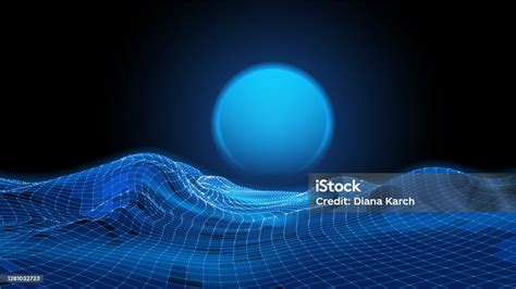 抽象數位景觀與粒子點和星星在地平線上線框橫向背景大數據3d 未來向量圖80年代復古科幻背景向量圖形及更多圖畫 藝術品圖片 圖畫