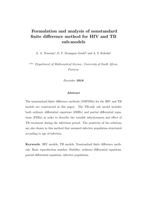 PDF Formulation And Analysis Of Nonstandard Finite Difference Method For HIV And TB Sub Models