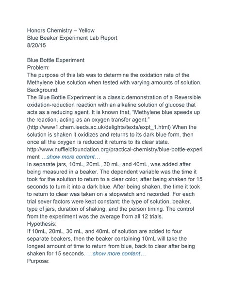 Banana Oil Synthesis Lab Report Honors Chemistry Yellow Blue Beaker