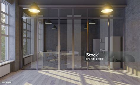 검은 벽이있는 열린 공간 사무실의 측면 전망 컴퓨터가있는 많은 테이블과 나무 바닥 3d 렌더링 0명에 대한 스톡 사진 및 기타 이미지 Istock